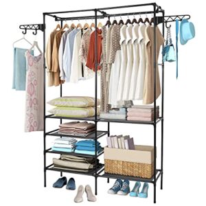 kocaso clothes rack, clothing garment rack, metal clothing rack, freestanding wardrobe closet rack with 4 shelves, closet organizer with 2 hanging rods black 42.1"x14"x66.1"