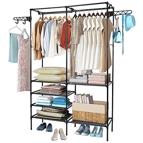 KOCASO Clothes Rack, Clothing Garment Rack, Metal Clothing Rack, Freestanding Wardrobe Closet Rack with 4 Shelves, Closet Organizer with 2 Hanging Rods Black 42.1"x14"x66.1"