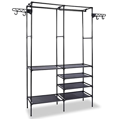 KOCASO Clothes Rack, Clothing Garment Rack, Metal Clothing Rack, Freestanding Wardrobe Closet Rack with 4 Shelves, Closet Organizer with 2 Hanging Rods Black 42.1"x14"x66.1"