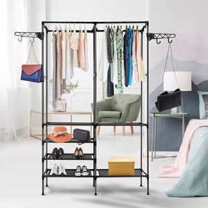 KOCASO Clothes Rack, Clothing Garment Rack, Metal Clothing Rack, Freestanding Wardrobe Closet Rack with 4 Shelves, Closet Organizer with 2 Hanging Rods Black 42.1"x14"x66.1"