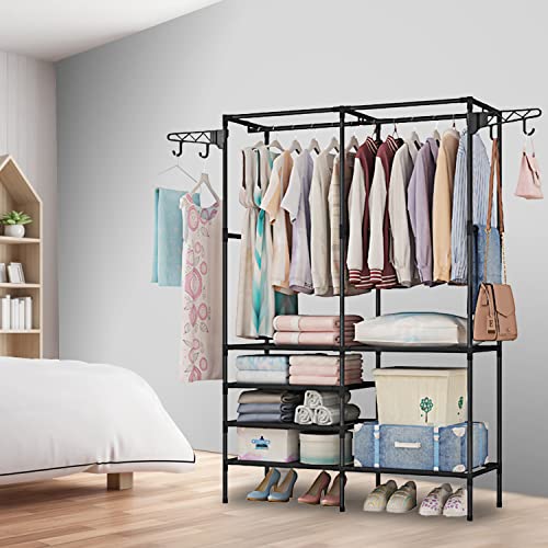 KOCASO Clothes Rack, Clothing Garment Rack, Metal Clothing Rack, Freestanding Wardrobe Closet Rack with 4 Shelves, Closet Organizer with 2 Hanging Rods Black 42.1"x14"x66.1"