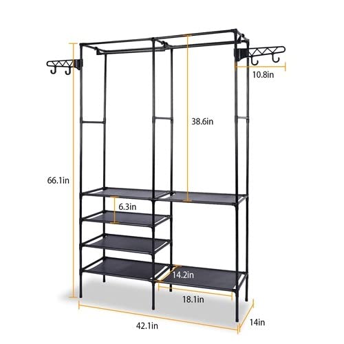 KOCASO Clothes Rack, Clothing Garment Rack, Metal Clothing Rack, Freestanding Wardrobe Closet Rack with 4 Shelves, Closet Organizer with 2 Hanging Rods Black 42.1"x14"x66.1"