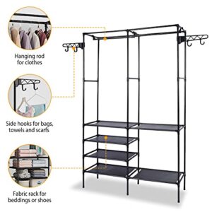 KOCASO Clothes Rack, Clothing Garment Rack, Metal Clothing Rack, Freestanding Wardrobe Closet Rack with 4 Shelves, Closet Organizer with 2 Hanging Rods Black 42.1"x14"x66.1"