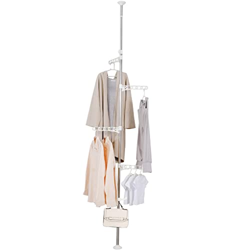 DAHOOMII 4-Tier Adjustable Laundry Pole Clothes Drying Rack Tension Rod Corner Metal Coat Tree Hanger Garment Stand Heighten Floor to Ceiling Clothing Storage Organizer - Ivory