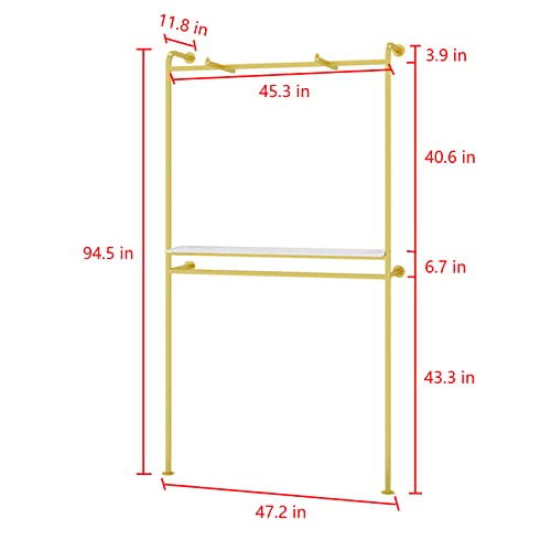 FURVOKIA Creative Wall Mounted 2 Tier Clothes Display Rack,Clothing Retail Store Floor-Standing Garment Rack,Organization Clothing Metal Hanging Rod,Storage Shoes Bags Shelf (47.2" L, Gold with Wood)