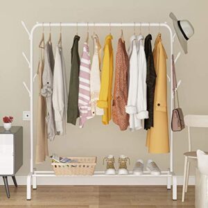 YAYI Clothes Rack Heavy Duty Clothes Rail Metal Garment Rail With Top Rod and Lower Storage and Side Hooks,White