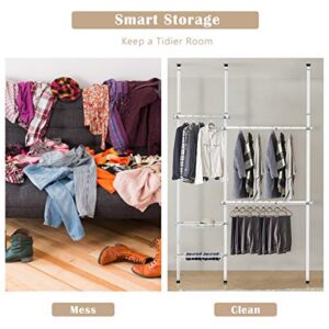 Tangkula Double 2 Tier Adjustable Closet System, Floor to Ceiling Clothes Hanger with 2 Storage Baskets & Inner Spring, Clothing Garment Rack Telescopic Closet Organizer for Living Room, Bedroom