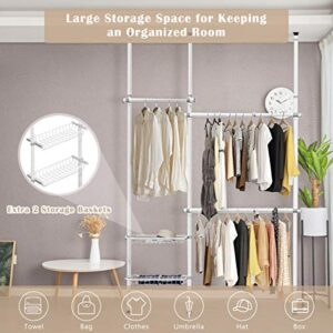 Tangkula Double 2 Tier Adjustable Closet System, Floor to Ceiling Clothes Hanger with 2 Storage Baskets & Inner Spring, Clothing Garment Rack Telescopic Closet Organizer for Living Room, Bedroom