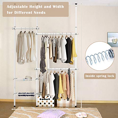 Tangkula Double 2 Tier Adjustable Closet System, Floor to Ceiling Clothes Hanger with 2 Storage Baskets & Inner Spring, Clothing Garment Rack Telescopic Closet Organizer for Living Room, Bedroom