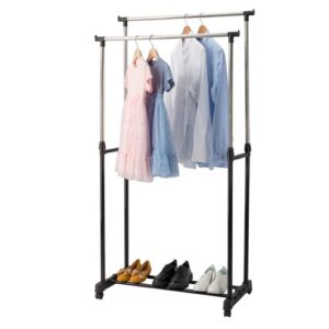 karl home adjustable clothes rack on wheels standard double rod, simple freestanding garment rack rolling metal clothing organizer for coat hanging dorm bedroom black silver