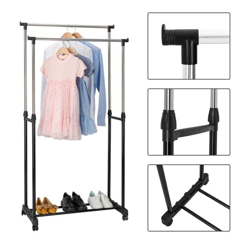 Karl home Adjustable Clothes Rack on Wheels Standard Double Rod, Simple Freestanding Garment Rack Rolling Metal Clothing Organizer for Coat Hanging Dorm Bedroom Black Silver