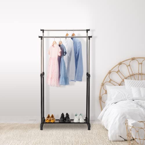 Karl home Adjustable Clothes Rack on Wheels Standard Double Rod, Simple Freestanding Garment Rack Rolling Metal Clothing Organizer for Coat Hanging Dorm Bedroom Black Silver