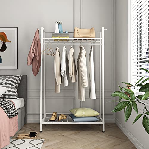 Metal Clothing Rack Modern Clothes Rack with 2- tier Shelf Clothes Display Racks for Bedroom, Boutique, Cloth Store Metal Pipe Hanging Rack-white