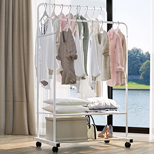 STONCEL Clothing Rack with Shelves Double Rails Rolling Garment Rack for Hanging Clothes White Clothes Rack on Wheels, Double Hanging Rails & Lockable Wheels, 31" L x 20" W x 53" H