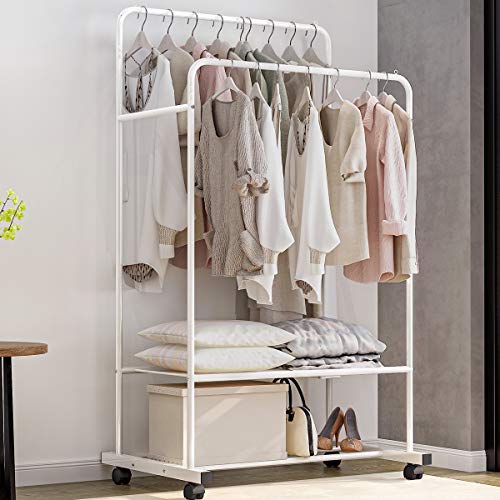 STONCEL Clothing Rack with Shelves Double Rails Rolling Garment Rack for Hanging Clothes White Clothes Rack on Wheels, Double Hanging Rails & Lockable Wheels, 31" L x 20" W x 53" H