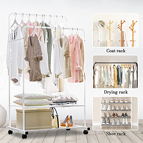 STONCEL Clothing Rack with Shelves Double Rails Rolling Garment Rack for Hanging Clothes White Clothes Rack on Wheels, Double Hanging Rails & Lockable Wheels, 31" L x 20" W x 53" H