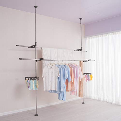 BAOYOUNI Double Pole Adjustable Laundry Clothes Drying Rack Standing Garment Storage Organizer Heavy Duty Space Saver DIY Pants Hanger Rod Rail Floor to Ceiling, Height 64.96'' to 98.42'' - Grey