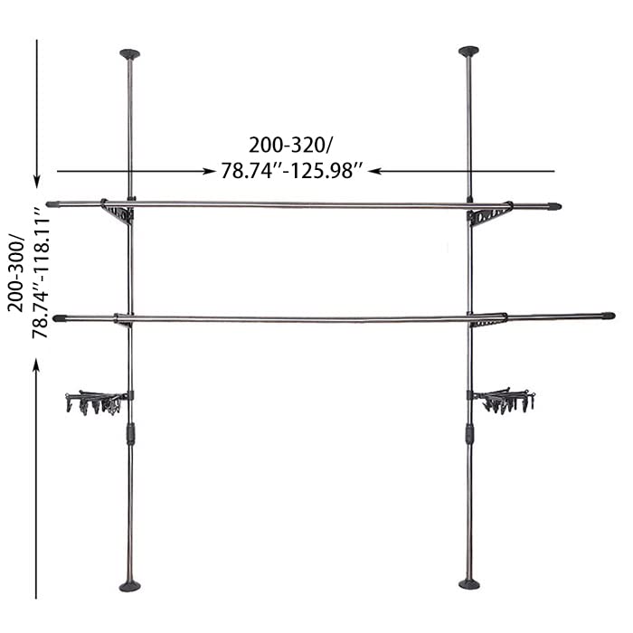 BAOYOUNI Double Pole Adjustable Laundry Clothes Drying Rack Standing Garment Storage Organizer Heavy Duty Space Saver DIY Pants Hanger Rod Rail Floor to Ceiling, Height 64.96'' to 98.42'' - Grey