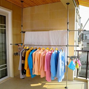 BAOYOUNI Double Pole Adjustable Laundry Clothes Drying Rack Standing Garment Storage Organizer Heavy Duty Space Saver DIY Pants Hanger Rod Rail Floor to Ceiling, Height 64.96'' to 98.42'' - Grey