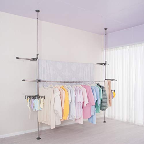 BAOYOUNI Double Pole Adjustable Laundry Clothes Drying Rack Standing Garment Storage Organizer Heavy Duty Space Saver DIY Pants Hanger Rod Rail Floor to Ceiling, Height 64.96'' to 98.42'' - Grey