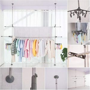 BAOYOUNI Double Pole Adjustable Laundry Clothes Drying Rack Standing Garment Storage Organizer Heavy Duty Space Saver DIY Pants Hanger Rod Rail Floor to Ceiling, Height 64.96'' to 98.42'' - Grey