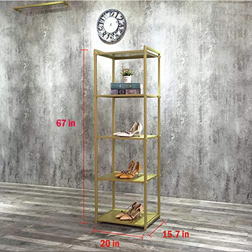 MDEPYCO 5-Tier Clothing Retail Heavy Duty Metal Display Rack,Shoe Bag Jewelry Potted Plants Crafts Organizer Shelves,Home Kitchen Bedroom Bathroom Office Floor-Standing Storage Shelf (Gold)