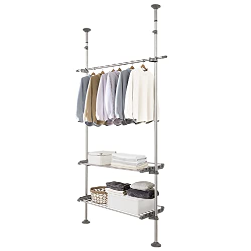 Hershii Indoor Garment Rack Coat Hanger Extendable Clothes Hanging Rails Tension Pole Laundry Room Storage Shelf Heavy Duty Clothing Display Stand Holder Airer Space Saving Organizer - Grey