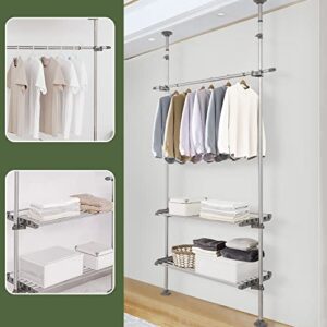 Hershii Indoor Garment Rack Coat Hanger Extendable Clothes Hanging Rails Tension Pole Laundry Room Storage Shelf Heavy Duty Clothing Display Stand Holder Airer Space Saving Organizer - Grey