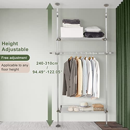 Hershii Indoor Garment Rack Coat Hanger Extendable Clothes Hanging Rails Tension Pole Laundry Room Storage Shelf Heavy Duty Clothing Display Stand Holder Airer Space Saving Organizer - Grey