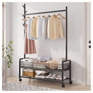 otbk rolling metal coat rack two shelves clothing hooks garment rack organizer with wheels bottom shelves for clothes hats bags (color : black)