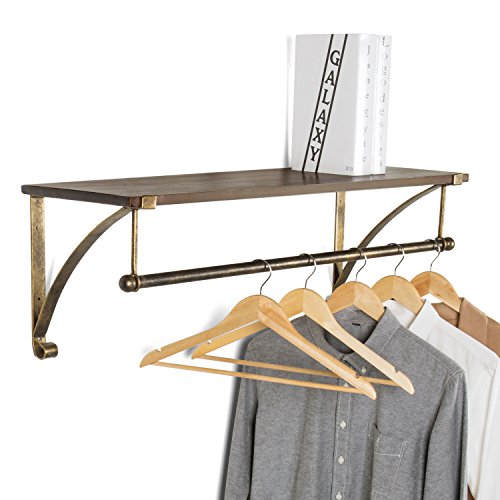 MyGift Wall Mounted Brown Wood & Antique Bronze-Tone Metal Floating Shelf with Garment Hanger Rod