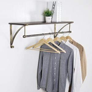 MyGift Wall Mounted Brown Wood & Antique Bronze-Tone Metal Floating Shelf with Garment Hanger Rod