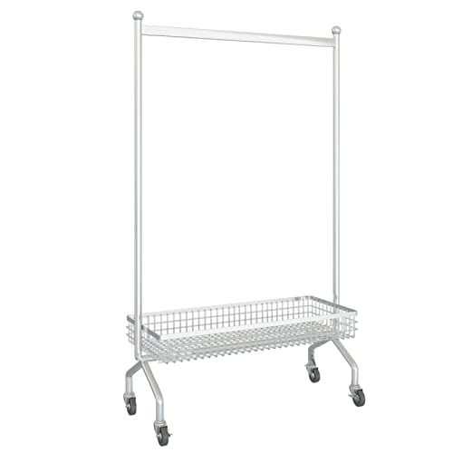 ARALEL Garment Rack Silvery Metal Clothing Rack On Wheels Heavy Duty Garment Rack with Storage Basket Sturdy Clothes Rail for Hanging Clothes Space Saving Coat Rack for Bedroom(Size:58X40X174CM)