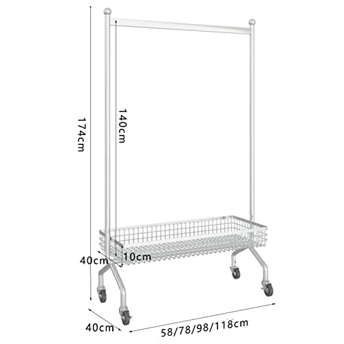 ARALEL Garment Rack Silvery Metal Clothing Rack On Wheels Heavy Duty Garment Rack with Storage Basket Sturdy Clothes Rail for Hanging Clothes Space Saving Coat Rack for Bedroom(Size:58X40X174CM)