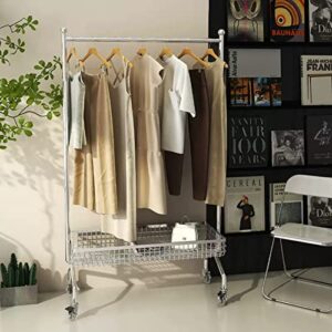 ARALEL Garment Rack Silvery Metal Clothing Rack On Wheels Heavy Duty Garment Rack with Storage Basket Sturdy Clothes Rail for Hanging Clothes Space Saving Coat Rack for Bedroom(Size:58X40X174CM)