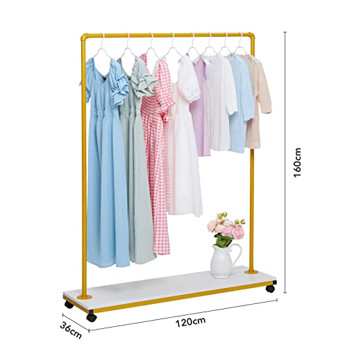 Towallmark Gold Clothing Rack, Heavy Duty Industrial Pipe Clothing Rack with Wood Shelf, Large Space Metal Clothes Garment Rack on Wheels Ideal for Bedroom Living Room Boutique Use 59’’