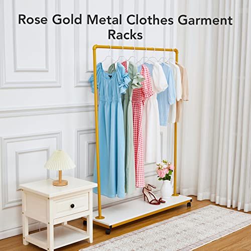 Towallmark Gold Clothing Rack, Heavy Duty Industrial Pipe Clothing Rack with Wood Shelf, Large Space Metal Clothes Garment Rack on Wheels Ideal for Bedroom Living Room Boutique Use 59’’