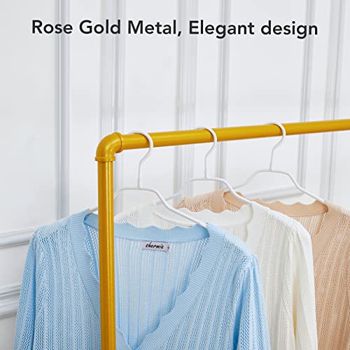 Towallmark Gold Clothing Rack, Heavy Duty Industrial Pipe Clothing Rack with Wood Shelf, Large Space Metal Clothes Garment Rack on Wheels Ideal for Bedroom Living Room Boutique Use 59’’