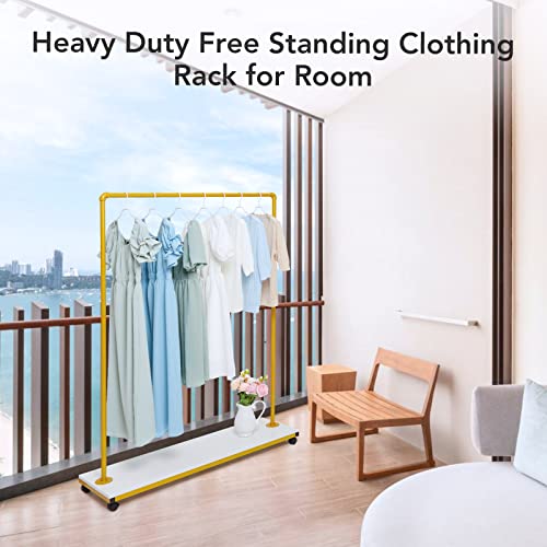 Towallmark Gold Clothing Rack, Heavy Duty Industrial Pipe Clothing Rack with Wood Shelf, Large Space Metal Clothes Garment Rack on Wheels Ideal for Bedroom Living Room Boutique Use 59’’