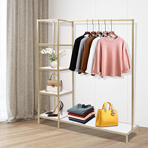 59"x63"Wardrobe Closet System Gold Clothing Rack Cothes Rack Shelf with Wood Shelves, Heavy Duty Metal Garment Rack Floor Standing Commercial Retail Display Hanging Rack for Boutiques, Bedroom