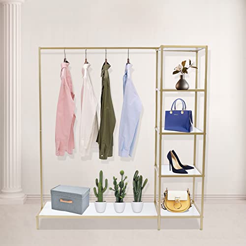 59"x63"Wardrobe Closet System Gold Clothing Rack Cothes Rack Shelf with Wood Shelves, Heavy Duty Metal Garment Rack Floor Standing Commercial Retail Display Hanging Rack for Boutiques, Bedroom