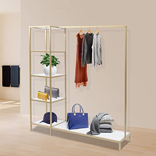 59"x63"Wardrobe Closet System Gold Clothing Rack Cothes Rack Shelf with Wood Shelves, Heavy Duty Metal Garment Rack Floor Standing Commercial Retail Display Hanging Rack for Boutiques, Bedroom