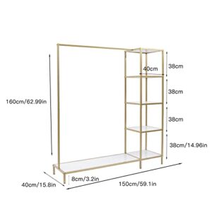 59"x63"Wardrobe Closet System Gold Clothing Rack Cothes Rack Shelf with Wood Shelves, Heavy Duty Metal Garment Rack Floor Standing Commercial Retail Display Hanging Rack for Boutiques, Bedroom