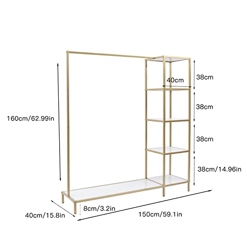 59"x63"Wardrobe Closet System Gold Clothing Rack Cothes Rack Shelf with Wood Shelves, Heavy Duty Metal Garment Rack Floor Standing Commercial Retail Display Hanging Rack for Boutiques, Bedroom