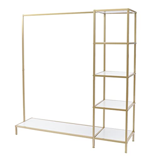 59"x63"Wardrobe Closet System Gold Clothing Rack Cothes Rack Shelf with Wood Shelves, Heavy Duty Metal Garment Rack Floor Standing Commercial Retail Display Hanging Rack for Boutiques, Bedroom