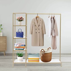 59"x63"Wardrobe Closet System Gold Clothing Rack Cothes Rack Shelf with Wood Shelves, Heavy Duty Metal Garment Rack Floor Standing Commercial Retail Display Hanging Rack for Boutiques, Bedroom