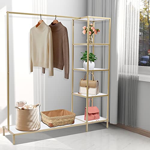 59"x63"Wardrobe Closet System Gold Clothing Rack Cothes Rack Shelf with Wood Shelves, Heavy Duty Metal Garment Rack Floor Standing Commercial Retail Display Hanging Rack for Boutiques, Bedroom