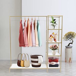 59"x63"Wardrobe Closet System Gold Clothing Rack Cothes Rack Shelf with Wood Shelves, Heavy Duty Metal Garment Rack Floor Standing Commercial Retail Display Hanging Rack for Boutiques, Bedroom