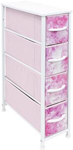 sorbus narrow dresser tower with 4 drawers - vertical storage for bedroom, bathroom, laundry, closets, and more, steel frame, wood top, easy pull fabric bins (tie-dye pink)