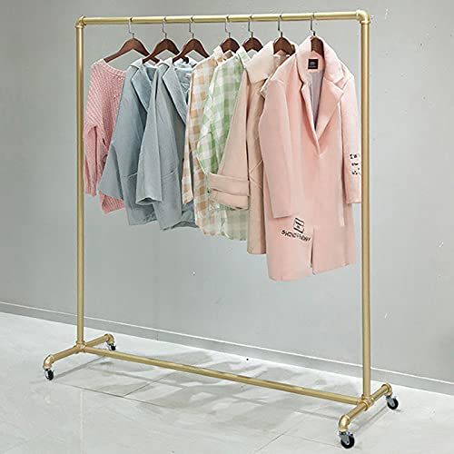 DYRABREST Industrial Pipe Clothing Rack 47 x 63 Inch Gold Vintage Garment Racks with Wheels, Heavy Duty Metal Clothes Display Rack Rolling Rack for Hanging Clothes Retail Display